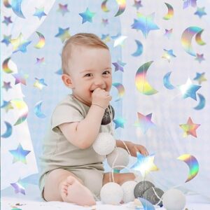 Abien Moon Star Garland Decorations Holographic Hanging Decor Party Streamers Silver Twinkle Star Banner Backdrop for Baby Shower Birthday Wedding Engagement Disco Sparkly Party Decorations 4PCS