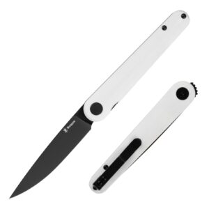 warspear terima front flipper folding knife 3.5" black pvd d2 blade white g10 handle camping pocket knife with deep carry clip outdoor edc wp901wh