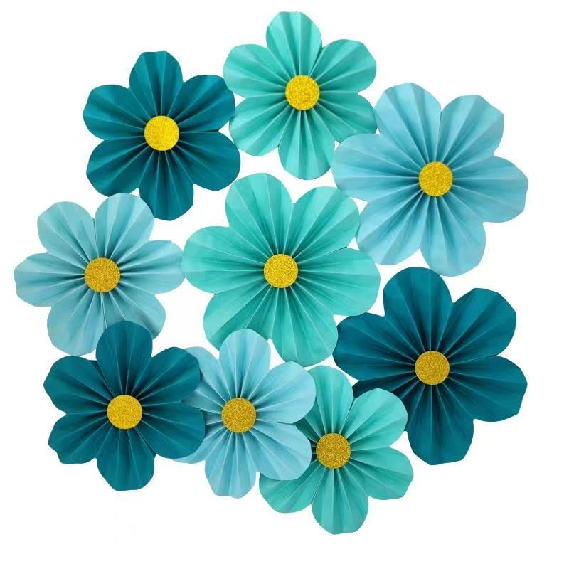 Mybbshower Teal Turquoise Aqua Paper Fan Flower for Floral Wedding Backdrop Hanging Decor Birthday Centerpieces for Table Wedding Baby Bridal Shower Pack of 9