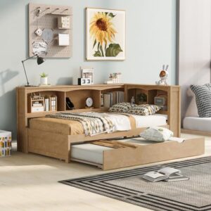 HomSof Size Daybed with Trundle,L-Shaped Bookcases,Storage Cabinets and USB Ports, Twin-L, Wood