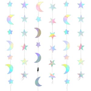 Abien Moon Star Garland Decorations Holographic Hanging Decor Party Streamers Silver Twinkle Star Banner Backdrop for Baby Shower Birthday Wedding Engagement Disco Sparkly Party Decorations 4PCS