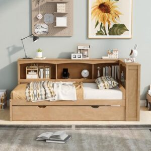 HomSof Size Daybed with Trundle,L-Shaped Bookcases,Storage Cabinets and USB Ports, Twin-L, Wood