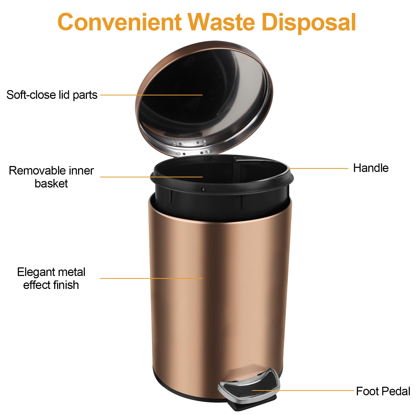 DAMGOLOZA Stainless Steel Step Trash Can - 2.1 Gallon with Soft-Close Lid - Hands-Free Foot Pedal Bin for Kitchen and Bathroom - Gold