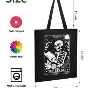 AUSVKAI Canvas Tote Bag Aesthetic for Women, Cute Book&skull Reusable Cloth Cotton Bags for College Shopping Beach Grocery Trendy Gifts