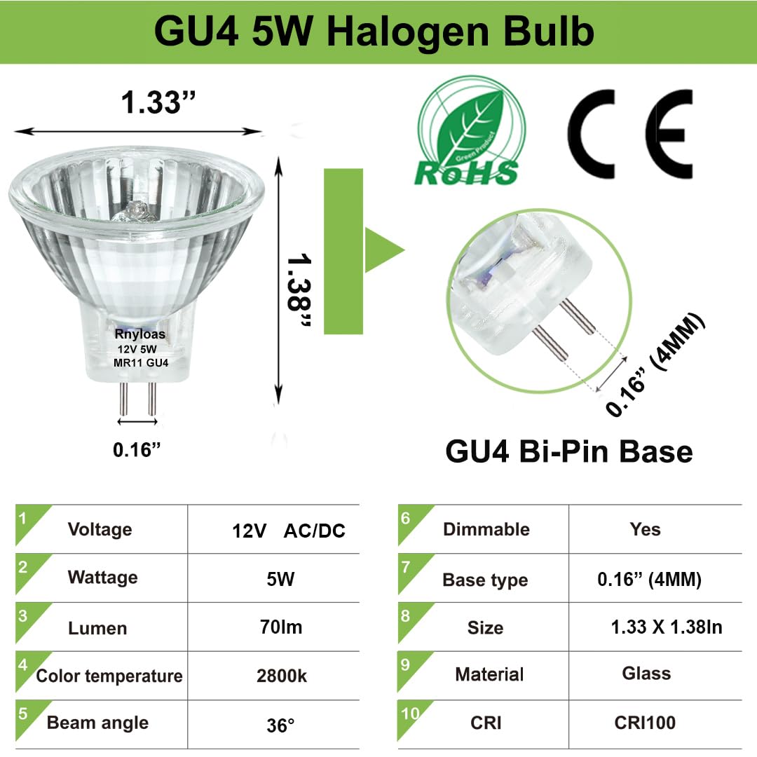 Rnyloas GU4 Halogen 5W, 6 Pack GU4 Base MR11 12V 5W, Long Lasting GU4 MR11 Dimmable with Glass Cover, MR11 Warm White 2800K Fiber Optic Light Bulb, MR11 Bulb with GU4 /GZ4 Bi Pin Base