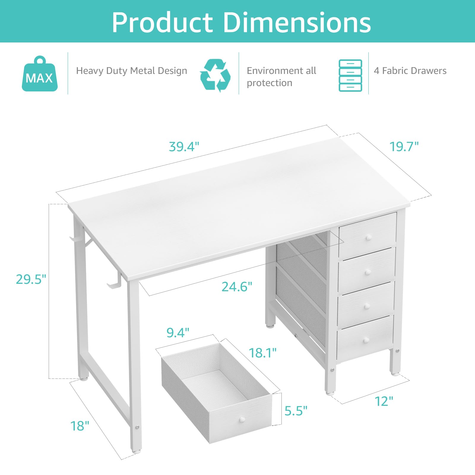 Lufeiya Small White Desk with Fabric Drawers, 40 Inch Kids Girls Teen Cute Study Desk for Bedroom Work, Computer Writing Table Desks with Drawer for Small Spaces Home Office