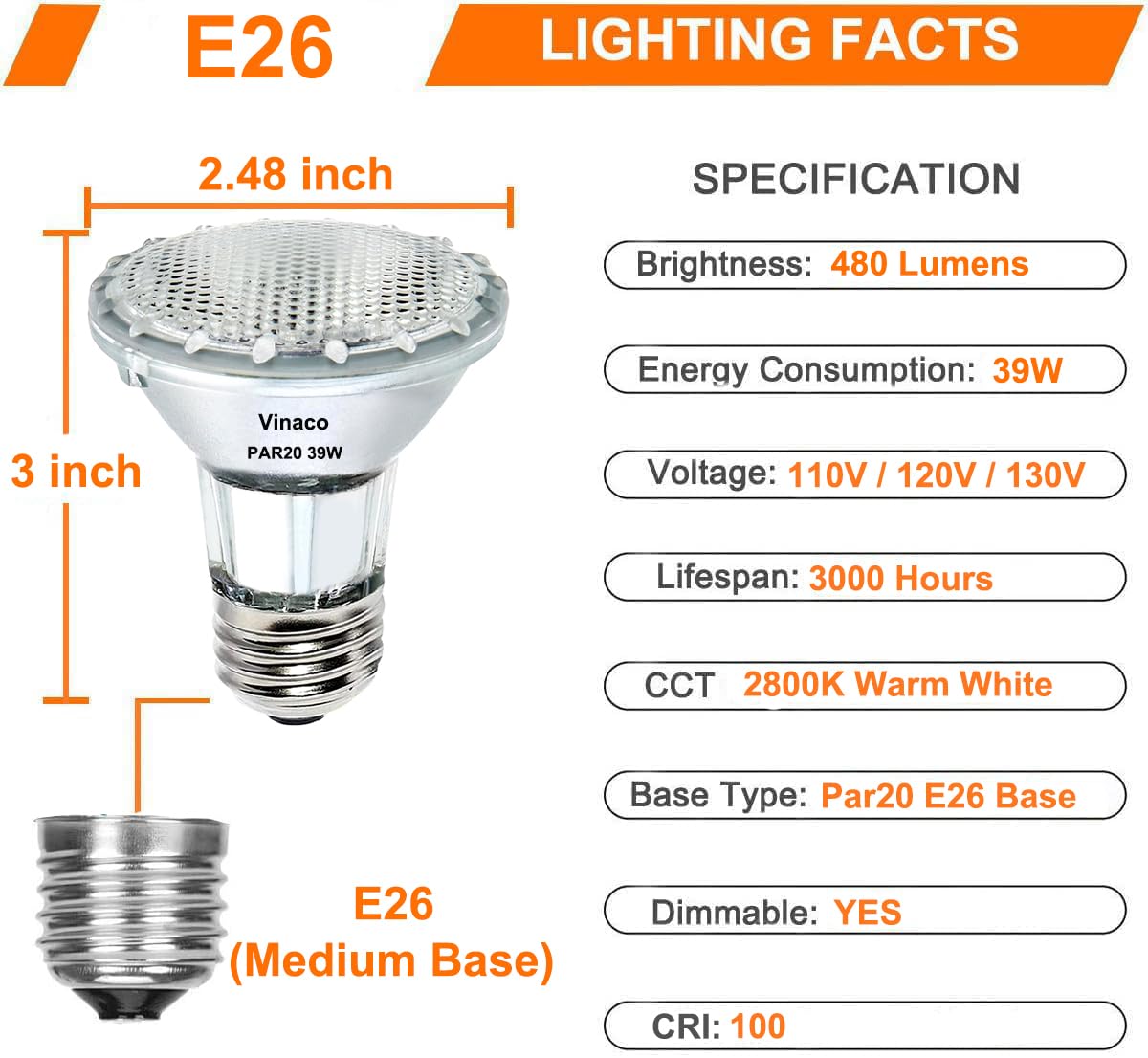 Vinaco PAR20 Flood Light Bulb, 6 Pack PAR20 Flood 39W 120V 480 Lumens (PAR20 50W Equivalent), Long Lifespan Halogen 39W PAR20 Dimmable with Warm White 2800K, PAR20 Halogen Flood Light with PAR20 E26