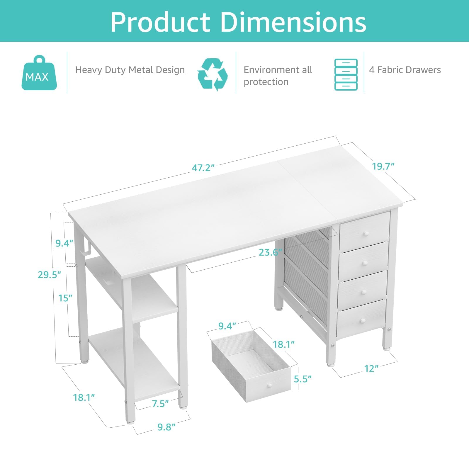 Lufeiya White Desk with Drawers & Storage Shelves, 47 Inch Study Work Writing Desk for Home Office Bedroom, Simple Modern Cute PC Computer Desks Table, White