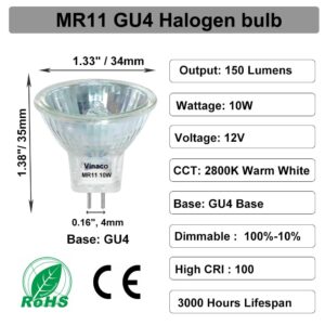 Vinaco GU4 Bulb 10W 12V, 6 Pack GU4 Base MR11 Halogen Bulb with Glass Cover, GU4 Bulb Dimmable, Fiber Optic Light Bulb 2800K Warm White, MR11 12V 10W for Accent, Track Lighting