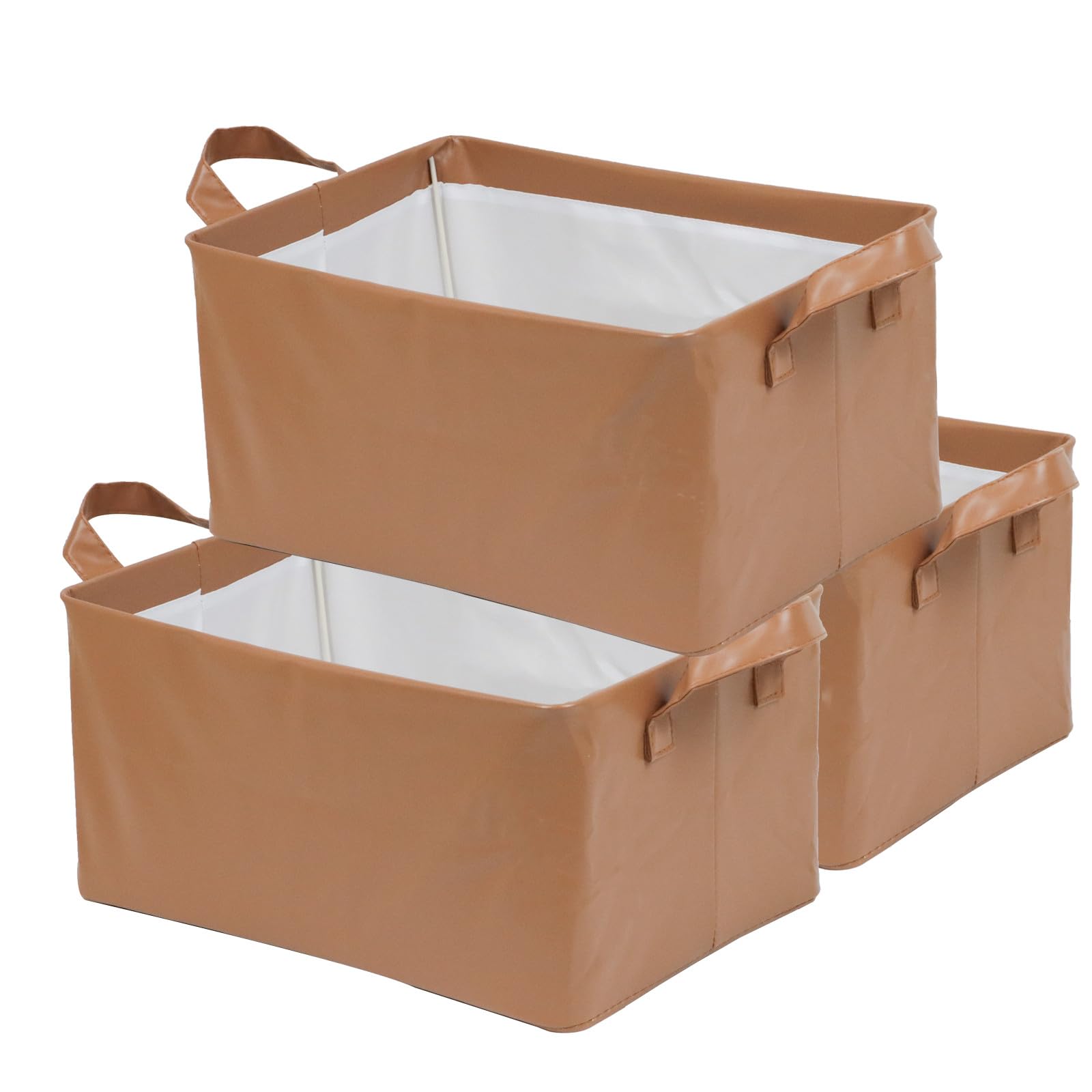 Sturdy PU Leather Storage Basket with Metal Frame, Set of 3 Folding Organizer Bins Shelf Baskets Organizing Containers Closet Storage Bin for Clothes,Baby Clothing,Toy,Book, 14.9 × 10.2 × 7.5" (Brown)