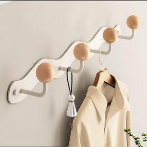 nolbiph coat rack wall mount,white wall hooks adhesive & screw in,anti-tear wooden ball hook rail, heavy duty metal coat hanger wall mount for entryway, bathroom, bedroom, kitchen1pack (4-tri hooks)