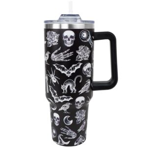 fnokuxz goth tumbler 40 oz, goth gifts for women, halloween gothic coffee cup travel mug water bottle, witchy gothic gifts for women, goth accessories stuff thing, 40 oz tumbler with handle and straw