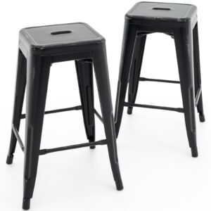 vogue furniture direct 24 inch metal bar stools, backless counter height barstools, indoor outdoor stackable stools with square seat, set of 2 (distressed black)