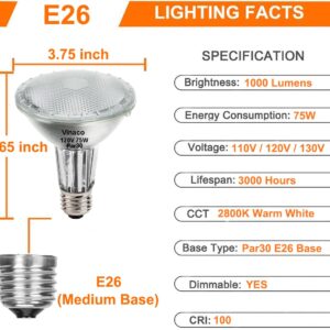 Vinaco PAR30 Long Neck 75W, 6 Pack Long Lasting PAR30 Halogen Flood Light Warm White 2800K, PAR30 Dimmable, High Output PAR30 Flood Light Bulb 120V with E26 Base for Indoor/Outdoor