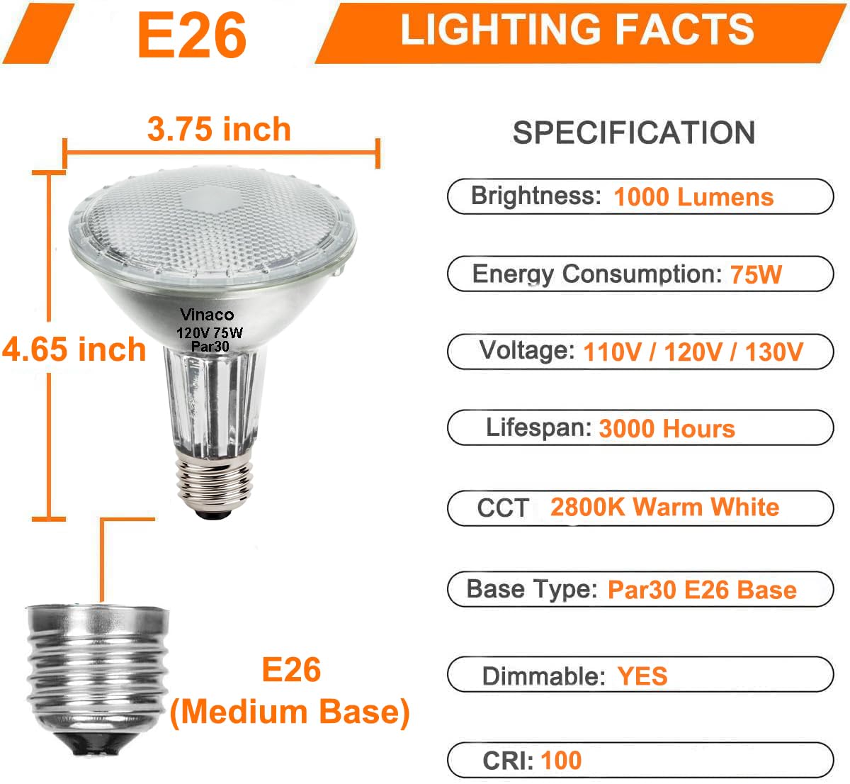 Vinaco PAR30 Long Neck 75W, 6 Pack Long Lasting PAR30 Halogen Flood Light Warm White 2800K, PAR30 Dimmable, High Output PAR30 Flood Light Bulb 120V with E26 Base for Indoor/Outdoor