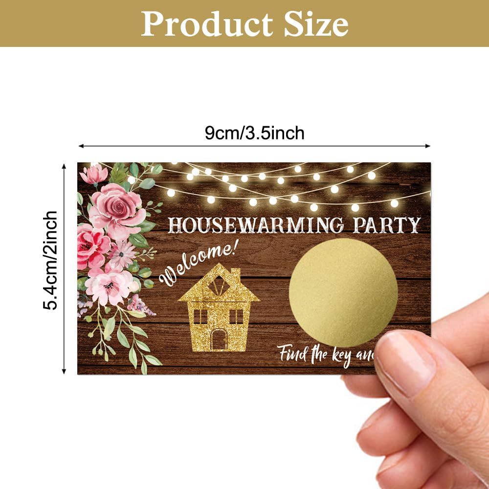 Haizct 50 Pack Housewarming Scratch Off Game, Wood Grain Key Scratch Card for Rustic New Home New House, Housewarming Party Game Card Lottery Game Group Game, Bridal Shower Activity and Idea