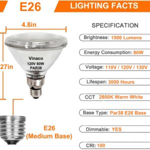 Vinaco PAR38 Flood Llight Bulbs, 4 Pack High Output PAR38 Halogen Flood Light 80W 120V, PAR38 Halogen Dimmable, CRI100 PAR38 Warm White 2800K, Halogen PAR38 Bulb with E26 Base for Indoor/Outdoor