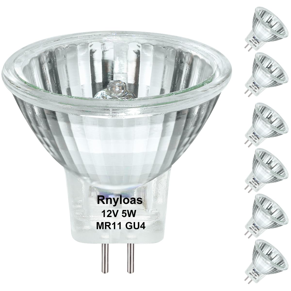 Rnyloas GU4 Halogen 5W, 6 Pack GU4 Base MR11 12V 5W, Long Lasting GU4 MR11 Dimmable with Glass Cover, MR11 Warm White 2800K Fiber Optic Light Bulb, MR11 Bulb with GU4 /GZ4 Bi Pin Base