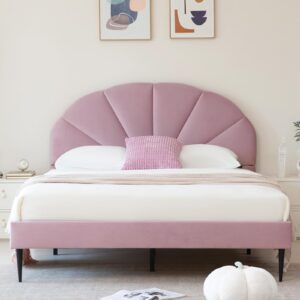 VELOCAVA Pink Bed Frame Full Size, Aesthetic Upholstered Bed with Unique Seashell Headboard, Soft Velvet Platform Bed, Strong Wooden Slats Support, No Box Spring Needed, Heavy Duty, Easy to Assemble