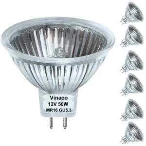 vinaco mr16 halogen bulb 50w 12v, 6 pack mr16 bulb dimmable, long lasting mr16 gu5.3 50w bulb, 2800k mr16 warm white with gu5.3 base, halogen mr16 50w for landscape, track lights, and fiber optics