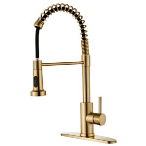 brushed gold kitchen faucet with pull down sprayer, rv brass kitchen faucet stainless steel single handle spring faucet with deck plate for farmhouse utility bar laundry sinks,grifos de cocina