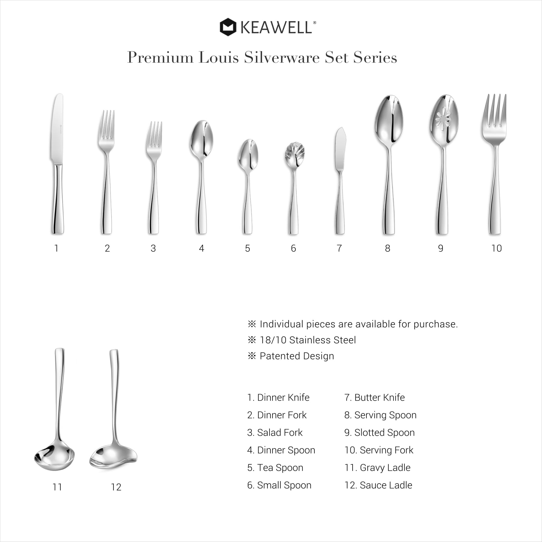 KEAWELL Premium Louis Serving Spoons, 18/10 Stainless Steel, Fine Spoon Set with Squared Edge, Dishwasher Safe, Silver Serving utensils (Serving Spoons, Set of 4)