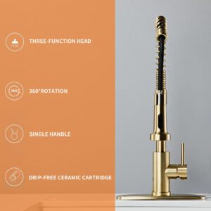 Brushed Gold Kitchen Faucet with Pull Down Sprayer, RV Brass Kitchen Faucet Stainless Steel Single Handle Spring Faucet with Deck Plate for Farmhouse Utility bar Laundry Sinks,Grifos De Cocina