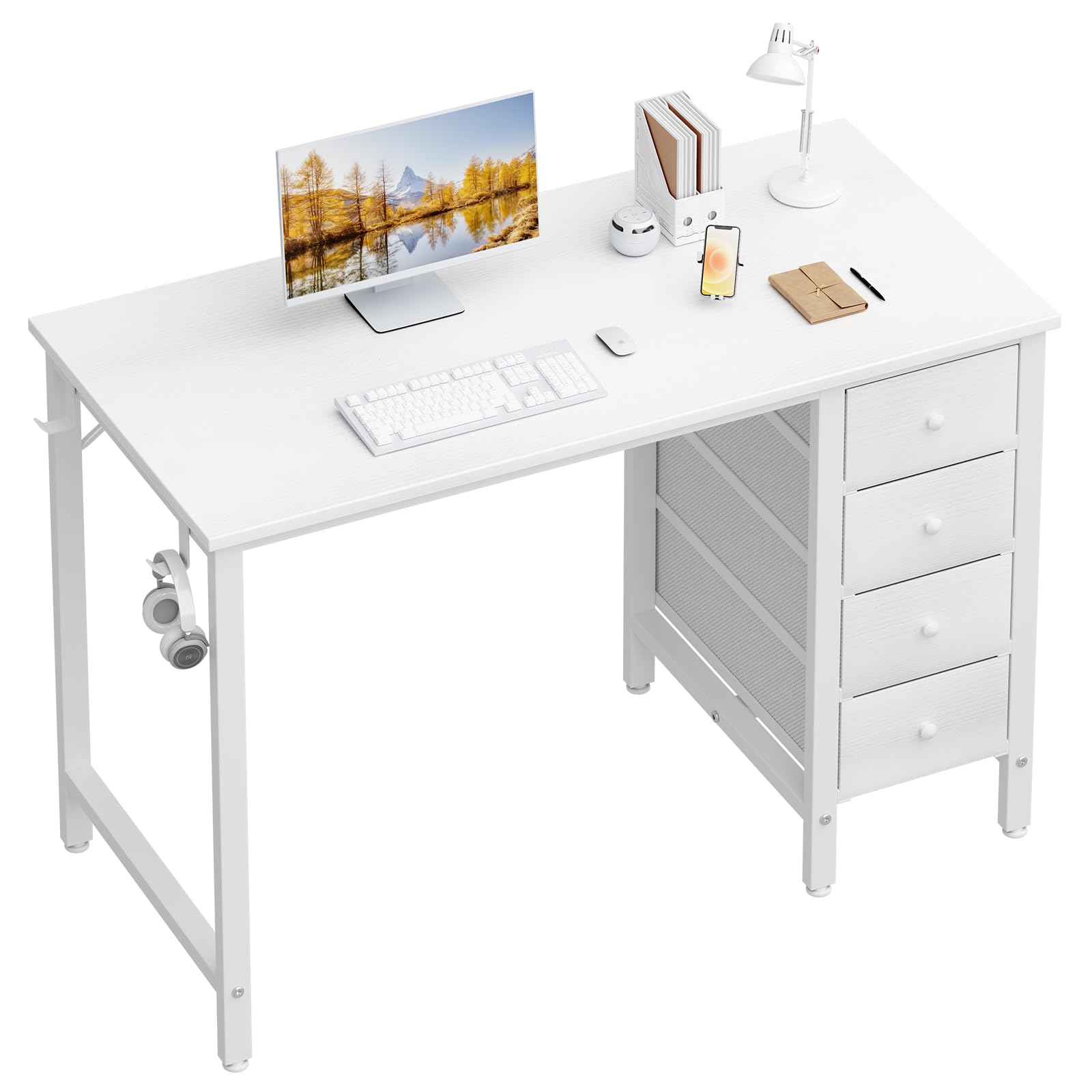 Lufeiya Small White Desk with Fabric Drawers, 40 Inch Kids Girls Teen Cute Study Desk for Bedroom Work, Computer Writing Table Desks with Drawer for Small Spaces Home Office