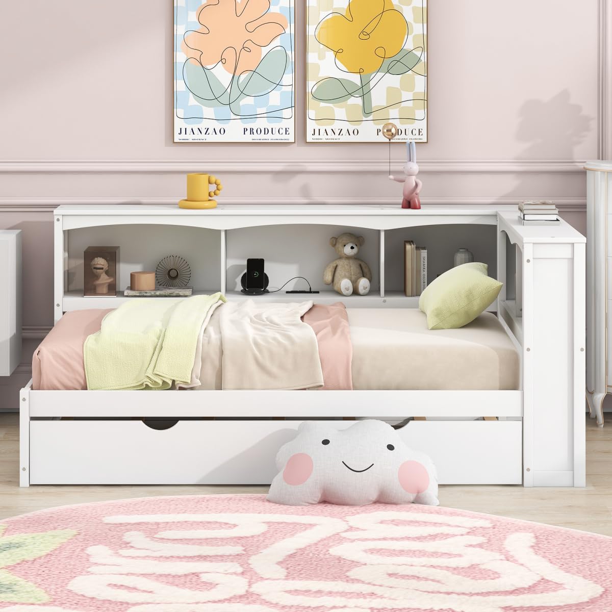 HoRunzelin Twin Size Daybed with Trundle, Storage Cabinets and Charging Station, Pine Wood L Shaped Bookcase Bed Platform Bed with Shelves for Kids Boys Girls, White