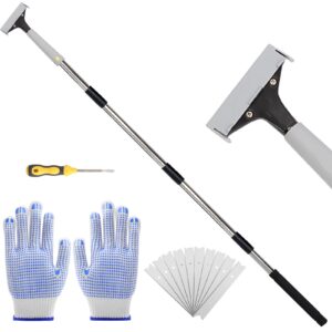 floor scraper, scraper tool long handle adjustable 31" to 61" with 4-inch razor blade stainless steel material cleaning glass wall gum paint tile glue linoleum carpet sturdy durable