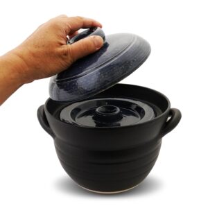 Banko-ware Donabe Japanese Earthenware Rice Pot with Double-Lid Technology – Elegant Jet-Black & Blue Design – Ensures Fluffy Rice Every Time – Includes English Manual – Made in Japan (3-5 per)