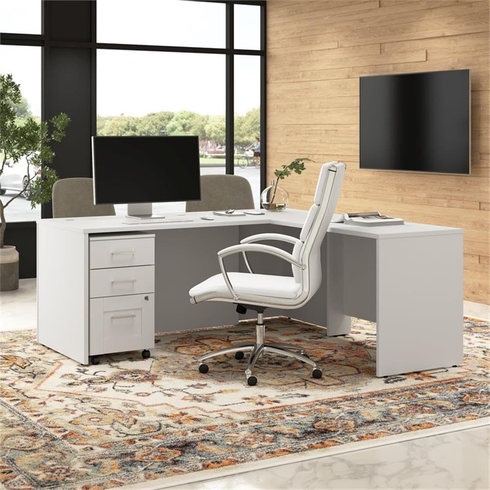 Bush Business Furniture Hampton Heights 72W x 30D Executive L-Shaped Desk with 3 Drawer Mobile File Cabinet in White | Storage for Home Office Workspace