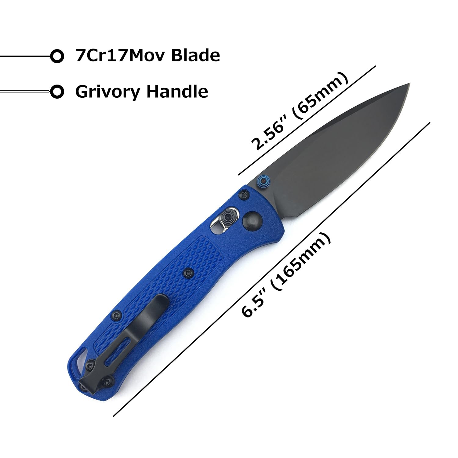 6.5 Inch Manual Open 533 Bugout Folding Knife, Axis Lock Pocket Knife with 2.6 Inch 7Cr17Mov Blade Blue Grivory Handle, Folding Pocket Knife with Belt Clip for Camping Hunting