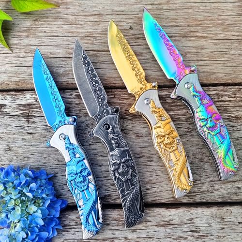 MADSMAUG SKULL Pocket Knife, Cool Pocket Folding Knife with 3D TITANIUM-PLATED SKULL Patterns, Great Christmas Gift EDC knife For Men Outdoor Survival Camping(Blue)