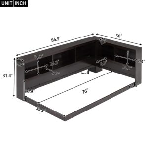 Twin Size Daybed with USB Ports and L Shaped Bookcases, Wood Twin Platform Bed with Storage Cabinets, Twin Floor Bed Frame with Charging Station for Bedroom,Living Room (Espresso)