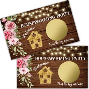 haizct 50 pack housewarming scratch off game, wood grain key scratch card for rustic new home new house, housewarming party game card lottery game group game, bridal shower activity and idea