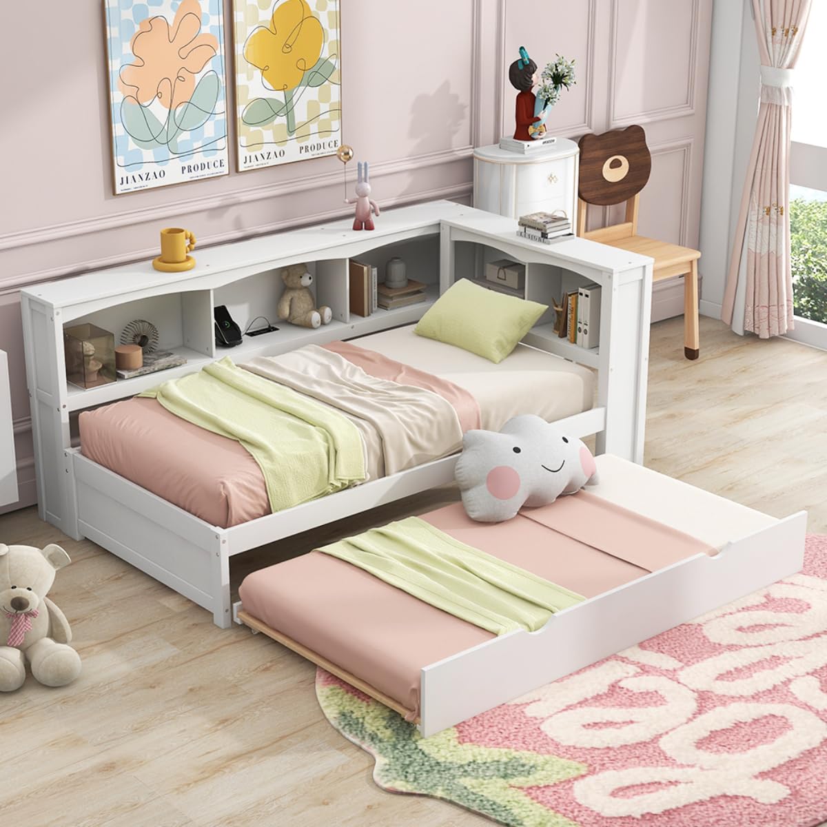 HoRunzelin Twin Size Daybed with Trundle, Storage Cabinets and Charging Station, Pine Wood L Shaped Bookcase Bed Platform Bed with Shelves for Kids Boys Girls, White