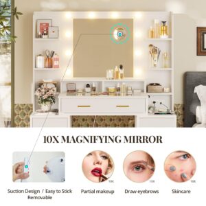 HAUOMS Makeup Vanities with Mirror and Lights, 10x Magnifying Mirror & Power Outlets, Glass Top Vanity Desk with 8 Drawers & 6 Shelves, 3 Light Settings for Women, Modern White