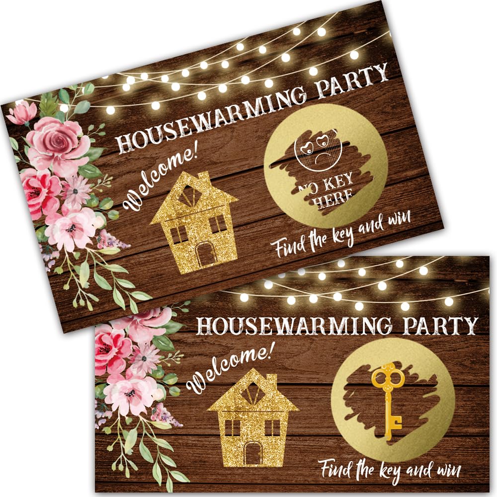 Haizct 50 Pack Housewarming Scratch Off Game, Wood Grain Key Scratch Card for Rustic New Home New House, Housewarming Party Game Card Lottery Game Group Game, Bridal Shower Activity and Idea