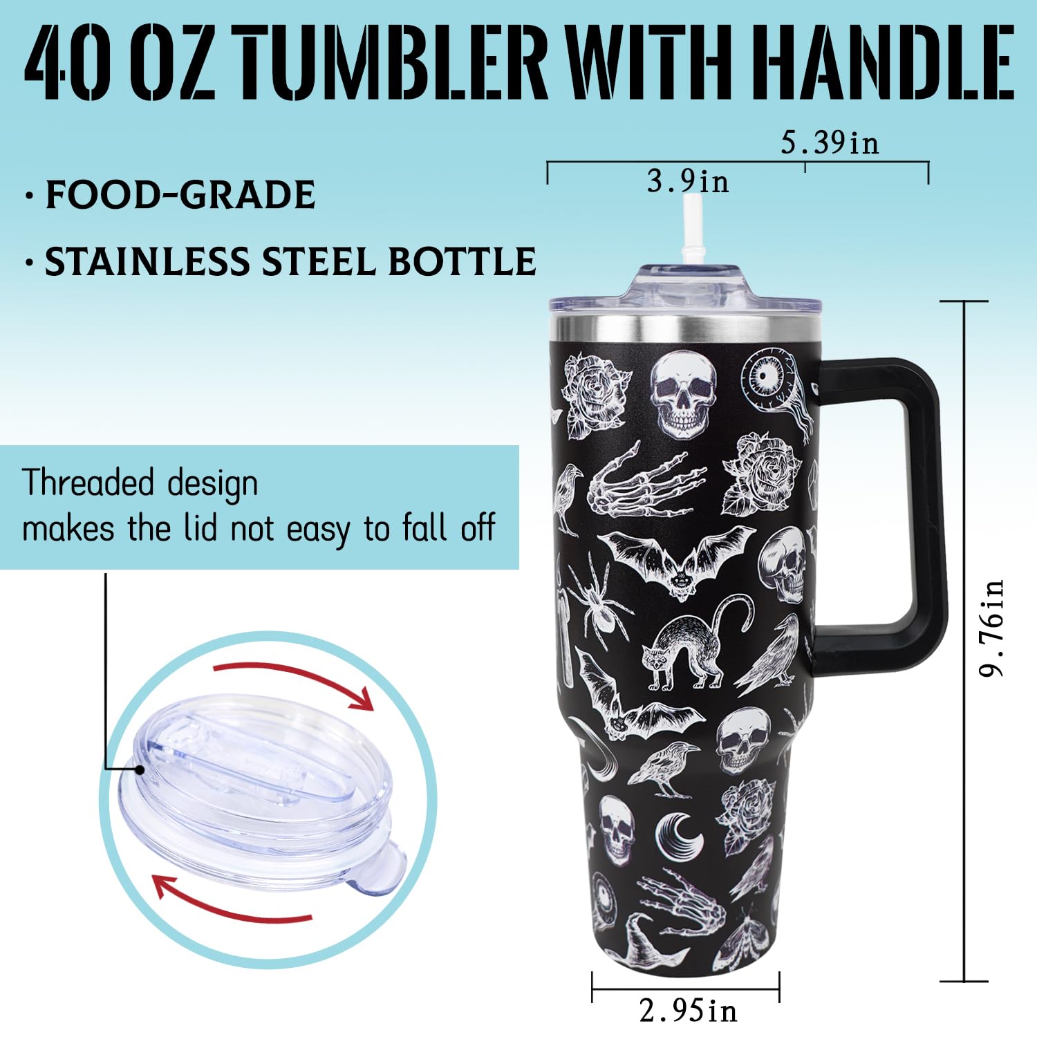 Fnokuxz Goth Tumbler 40 Oz, Goth Gifts for Women, Halloween Gothic Coffee Cup Travel Mug Water Bottle, Witchy Gothic Gifts for Women, Goth Accessories Stuff Thing, 40 Oz Tumbler with Handle and Straw