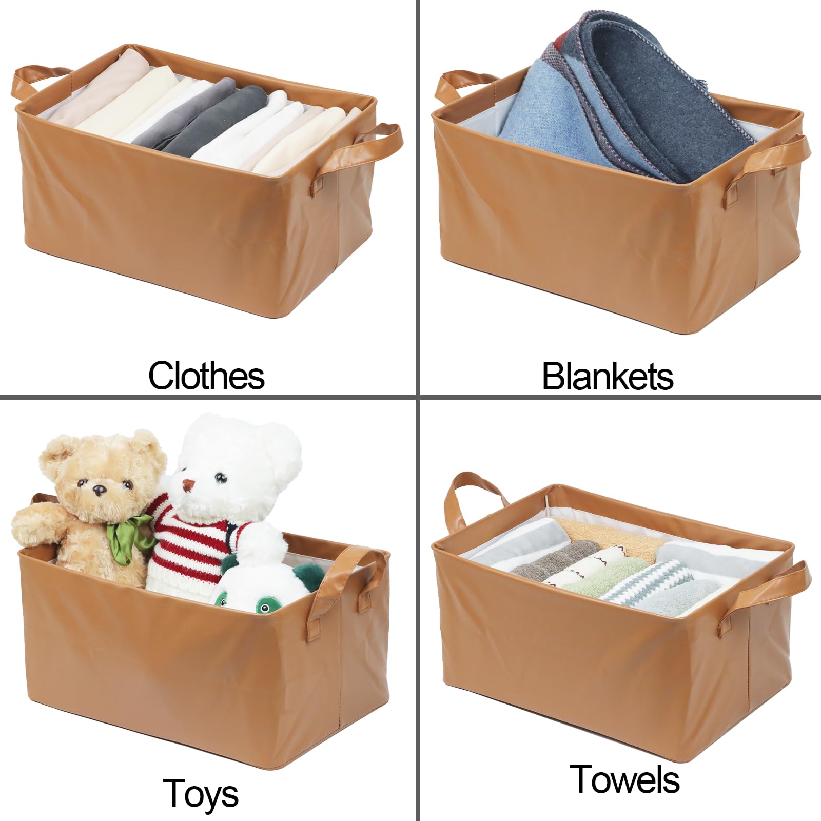 Sturdy PU Leather Storage Basket with Metal Frame, Set of 3 Folding Organizer Bins Shelf Baskets Organizing Containers Closet Storage Bin for Clothes,Baby Clothing,Toy,Book, 14.9 × 10.2 × 7.5" (Brown)