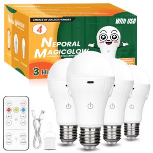 neporal magicglow usb rechargeable light bulbs with remote, 3-color shift + 10%-100% dimmable, up to 20 hours battery powered light bulb, 15w a19 led rechargeable light bulbs for lamps with no outlet