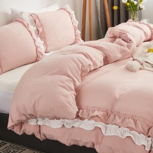 wotcsil pink ruffle bedding set for women girls ruffled full duvet cover set plain duvet cover shabby chic double-layer frill edge design with pillowcases, white pink