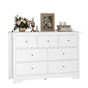 fotosok white dresser 7 drawer with 19'' deeper depth, 47.2'' white chest of drawers modern dresser with metal handles, white dresser chest of drawers with large drawer storage space for home