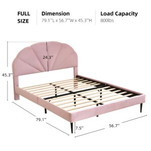 VELOCAVA Pink Bed Frame Full Size, Aesthetic Upholstered Bed with Unique Seashell Headboard, Soft Velvet Platform Bed, Strong Wooden Slats Support, No Box Spring Needed, Heavy Duty, Easy to Assemble