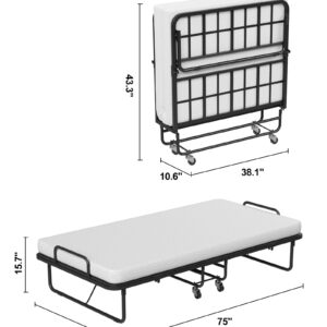 Ferlizer Folding Bed with Mattress for Adults, [Twin] Rollaway Bed with Mattress - 4" Memory Foam & Sturdy Metal Structure - 75" x 38", Black