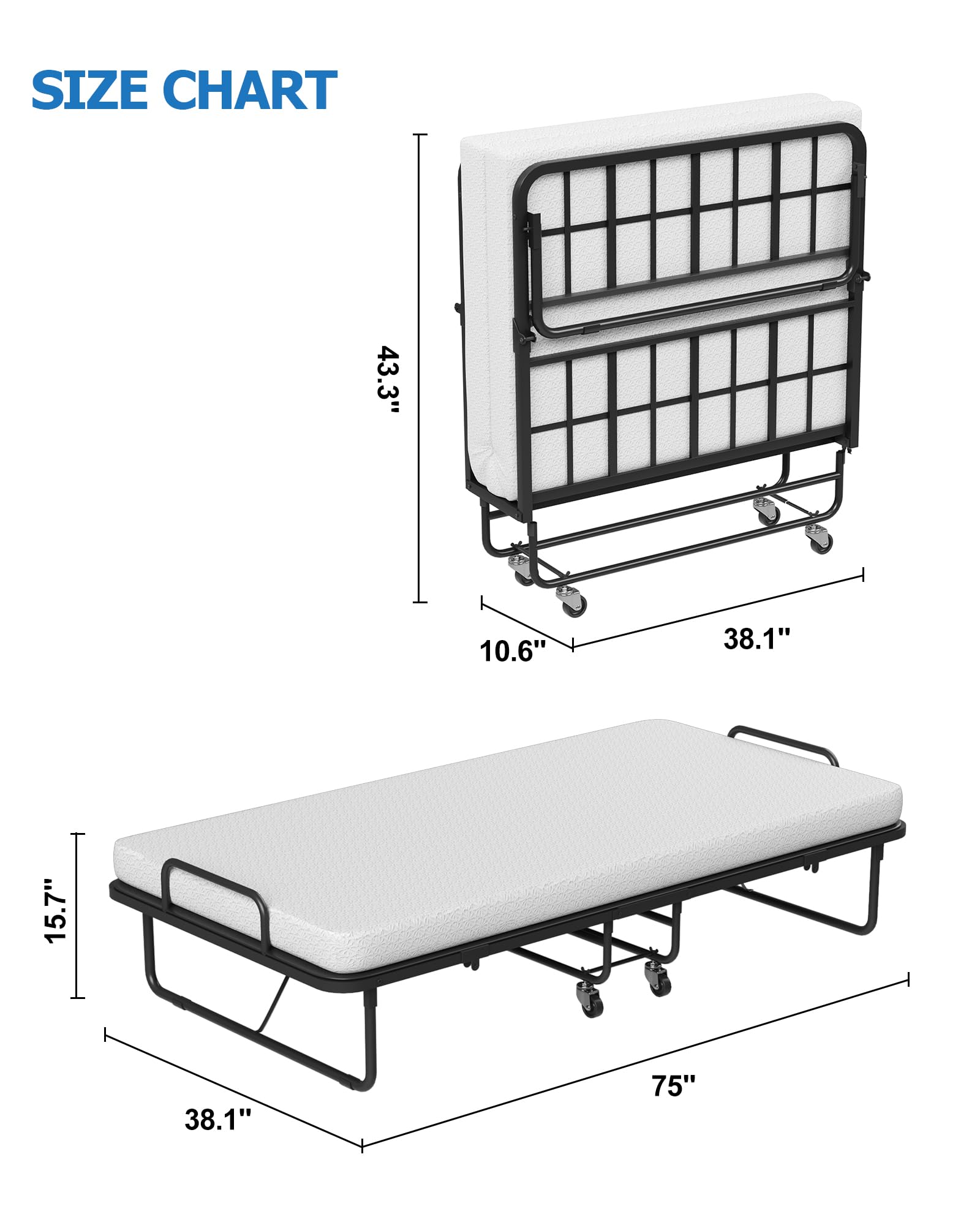 Ferlizer Folding Bed with Mattress for Adults, [Twin] Rollaway Bed with Mattress - 4" Memory Foam & Sturdy Metal Structure - 75" x 38", Black