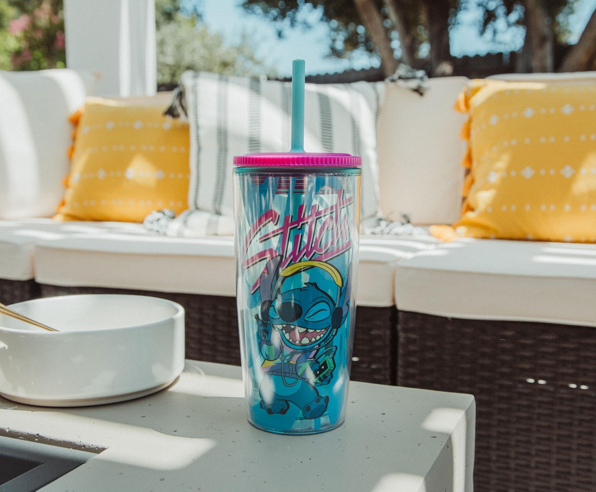 Disney Lilo & Stitch Jamming Plastic Tumbler With Leak-Resistant Lid and Reusable Straw | Double-Walled Travel Cup For Drinks | Holds 20 Ounces