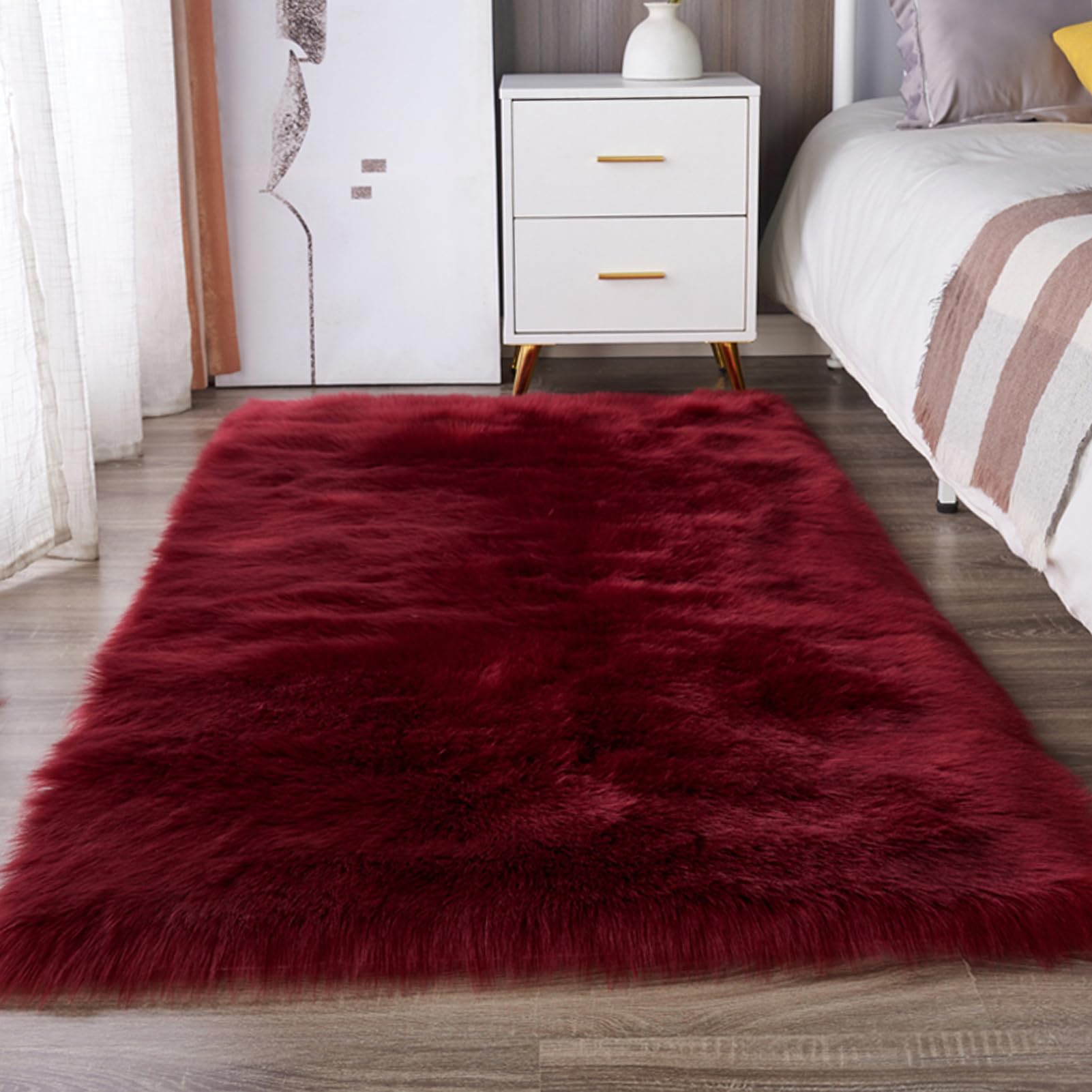 GIBZ Rectangular Faux Fur Rug Super Soft Shaggy Solid Colour Area Rugs Anti Slip Carpet for Corridor Treadmill Kids Gaming Burgundy 30x30cm