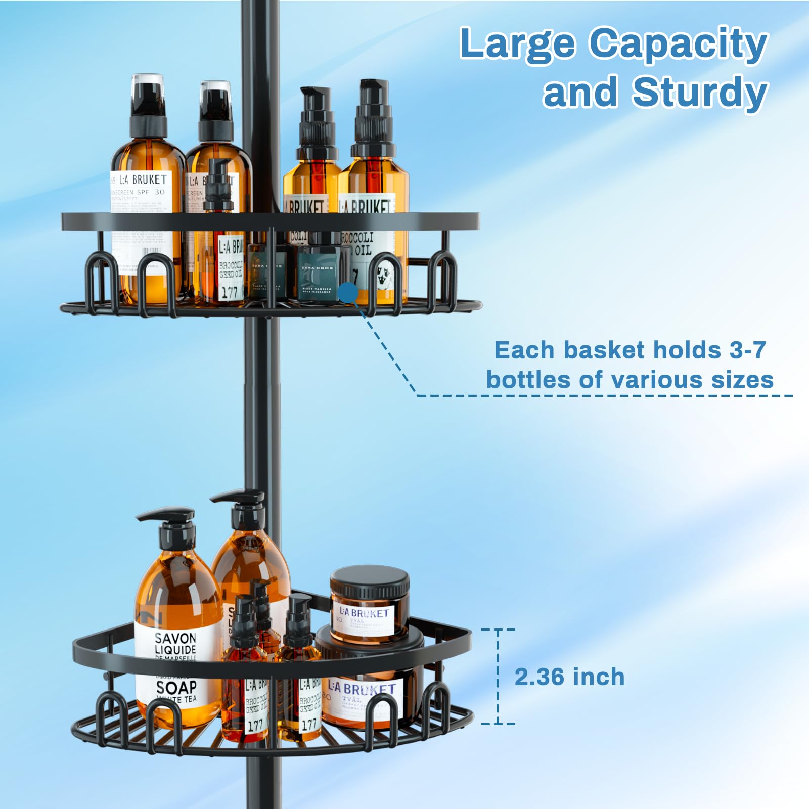 cutefafa Rustproof Corner Shower Caddy Tension Pole, 4 Large Baskets for Bathtub Shampoo Storage Organizer Bathroom Height Adjustable Shelves from 23.6 to 114.5 Inch with Towel Bar